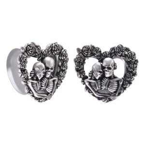 cooear heart ear plugs stainless steel tunnels flared shape gauges skull stretcher expander earrings size 0g to 1 inch.