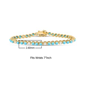 Tennis Bracelet For Women - 3MM Round Turquoise And 1.23 Ct Natural Diamond 7 Inch Tennis Bracelet In 14K Yellow Gold Over 925 Sterling Silver (Clarity VVS1-I2/Color sky blue-J)