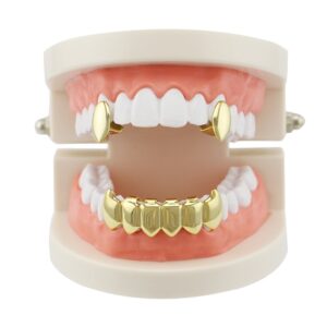 psivika gold plated shiny hip hop teeth grillz caps iced out cz top and bottom vampire fangs grillz for men and women (gold)