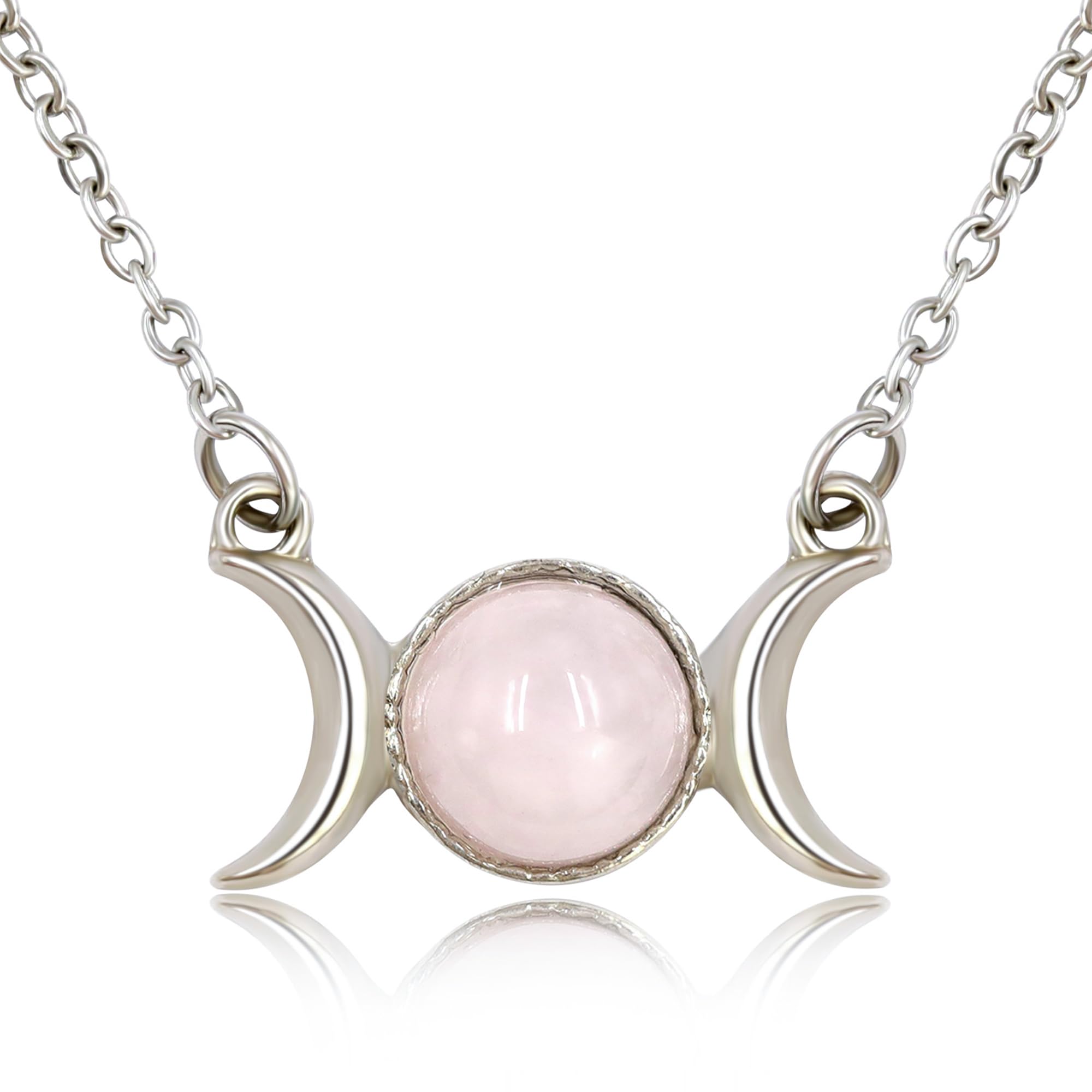 MISS RIGHT Rose Quartz Healing Crystal Triple Moon Goddess Phase Necklace for Women Men: Stainless Steel Crescent Moon Chakra Charm Necklace