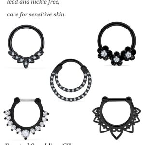 Vsnnsns 16G Septum Jewelry Septum Ring Piercing Jewelry Opal Septum Clicker Ring and Horseshoe Barbell Stainless Steel Ring Septum Nose Rings Hoop for Men Women Black 10mm 9pcs