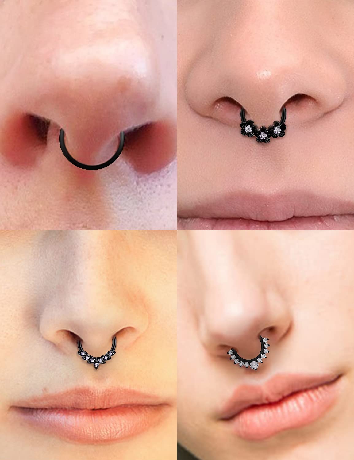 Vsnnsns 16G Septum Jewelry Septum Ring Piercing Jewelry Opal Septum Clicker Ring and Horseshoe Barbell Stainless Steel Ring Septum Nose Rings Hoop for Men Women Black 10mm 9pcs