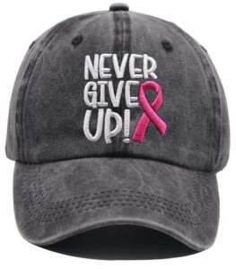 hhnlb women's pink ribbon breast cancer awareness hat, funny survivor gifts for women, embroidered adjustable never give up baseball cap