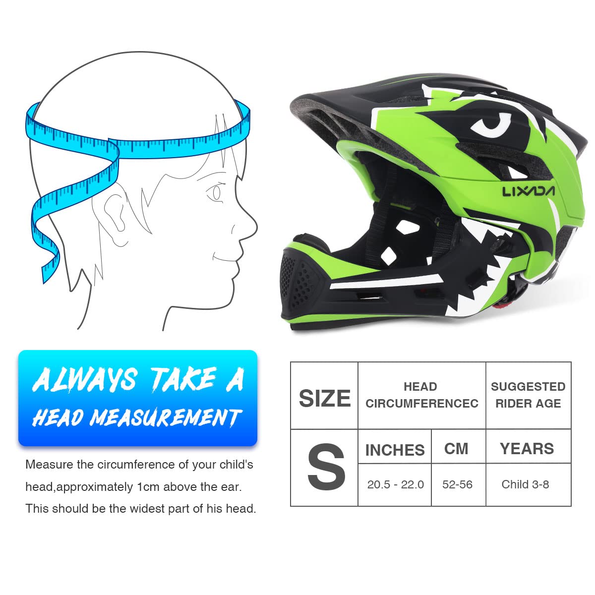 Lixada Kids Bike Helmet Adjustable Detachable Full Face Helmet for Cycling Helmet for Children Bicycle, Skateboard, Scooter, Protective Gear (20.5-22 Inches)