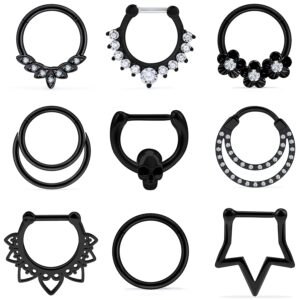 vsnnsns 16g septum jewelry septum ring piercing jewelry opal septum clicker ring and horseshoe barbell stainless steel ring septum nose rings hoop for men women black 10mm 9pcs