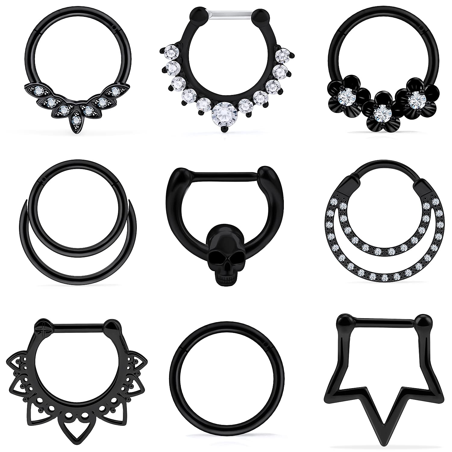 Vsnnsns 16G Septum Jewelry Septum Ring Piercing Jewelry Opal Septum Clicker Ring and Horseshoe Barbell Stainless Steel Ring Septum Nose Rings Hoop for Men Women Black 10mm 9pcs