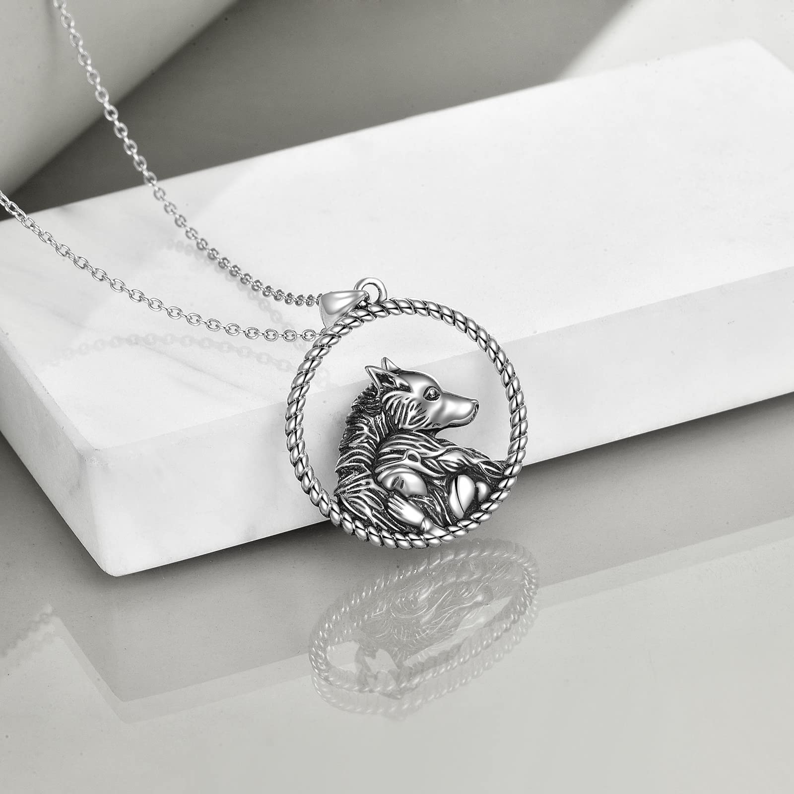 YAFEINI Wolf Necklace Girl Hugging Wolf Pendant 925 Sterling Silver Wolf Jewelry for Women Wife