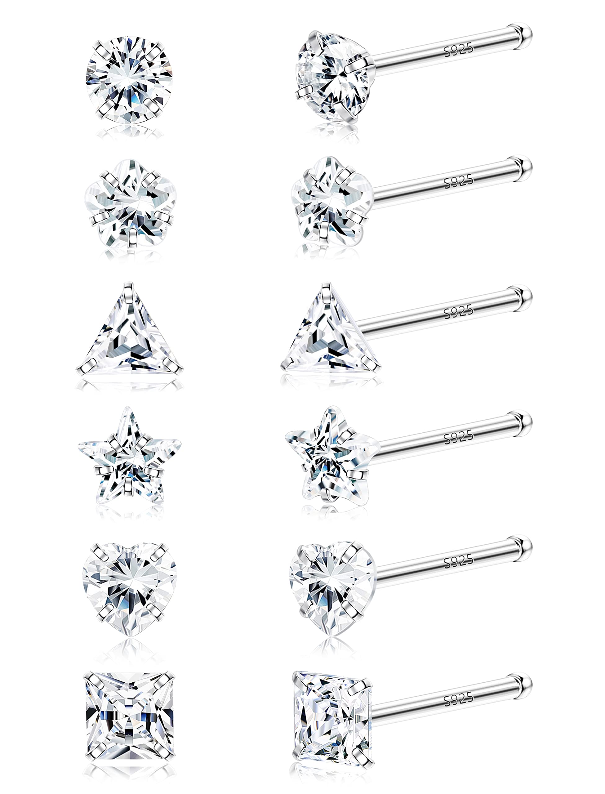 Sllaiss Sterling Silver Tiny Nose Rings Studs Set 22G 20G Multi-style CZ Bone Nose Piercing Jewelry for Women Men 3mm