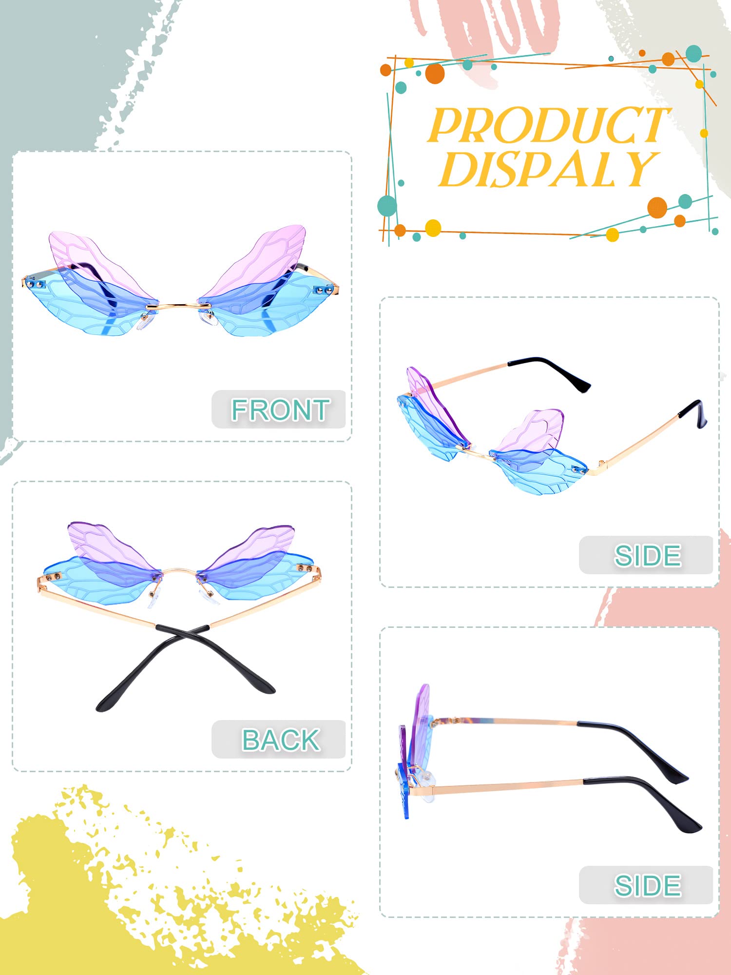 7 Pieces Dragonfly Sunglasses Fairy Glasses Butterfly Glasses Rimless Sunglasses for Women Men