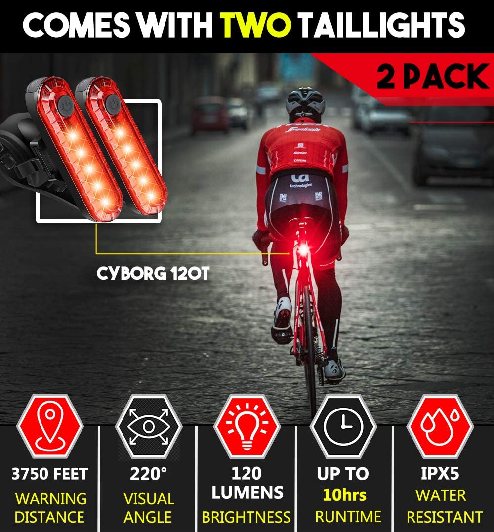 BLITZU Cyborg 168H Bike Headlight and 168T 120T Bicycle Taillight Bundle. Bike Lights Front and Back for Night Riding. Best Bike Accessories for Adult Bikes.