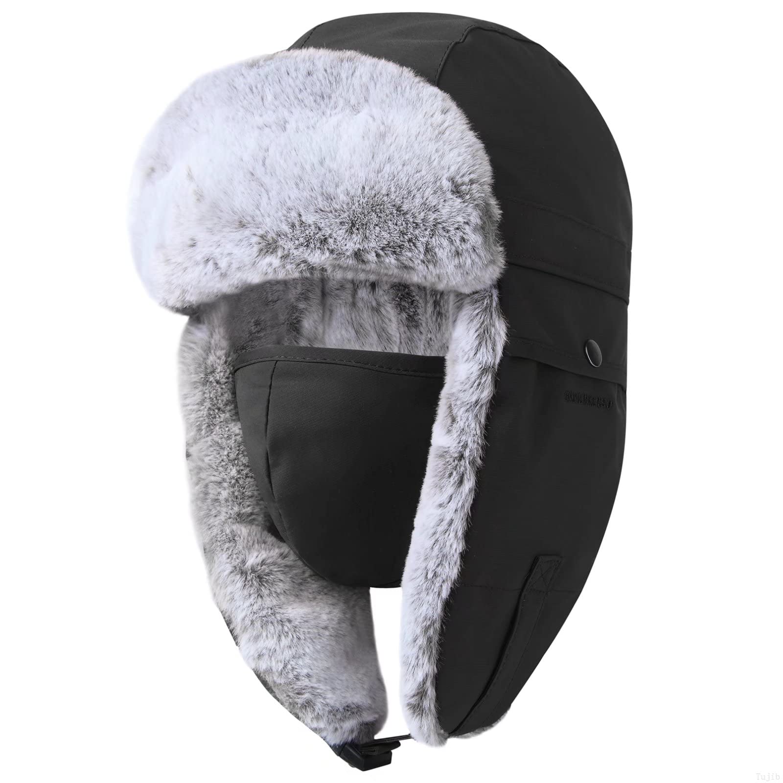 GADIEMKENSD Winter Trapper Hat for Men Warm Russian Ushanka for Women Snow Ski Hunting Trooper Hat with Ear Flaps Chin Strap Windproof Mask Faux Fur Hat Cold Weather Caps Black, XL