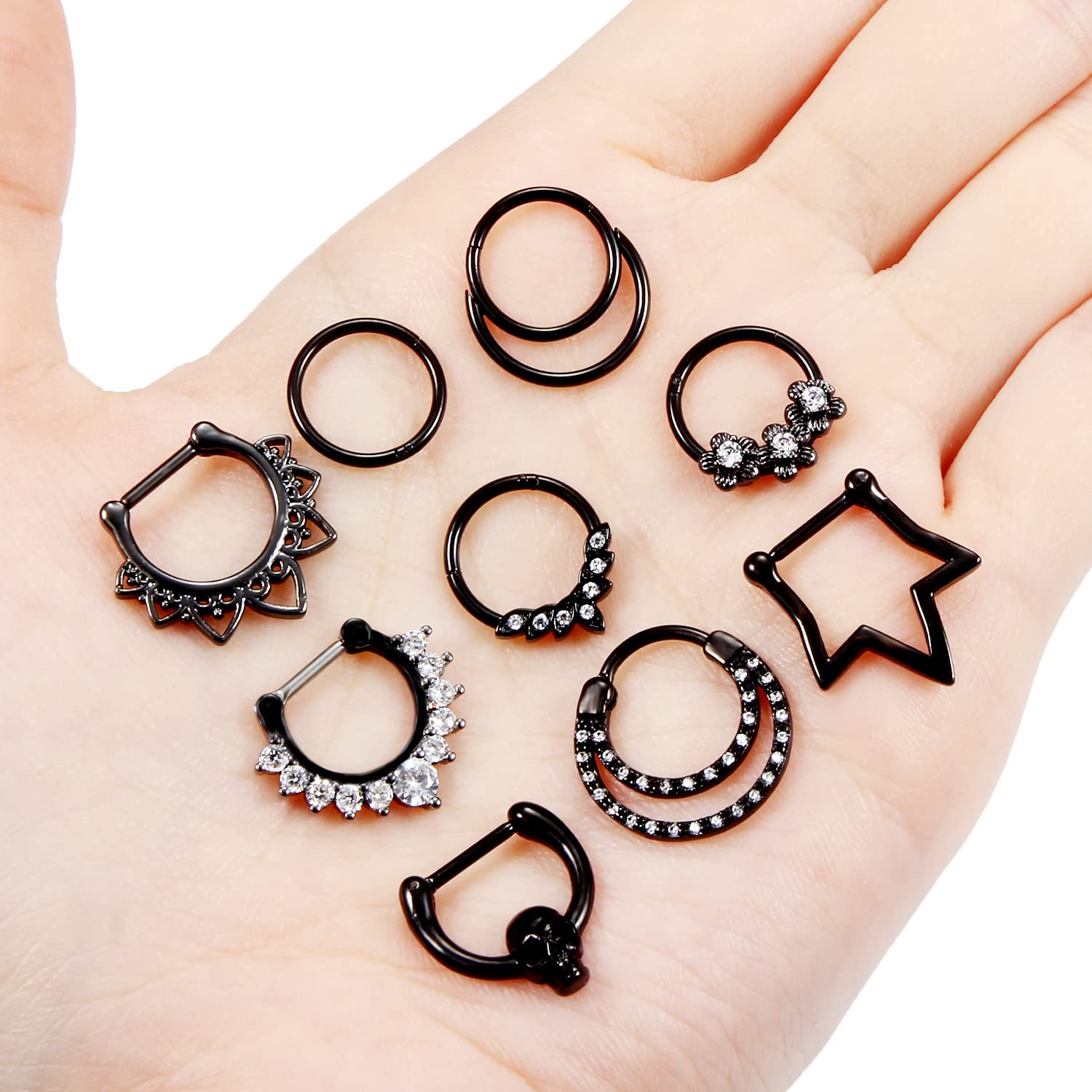 Vsnnsns 16G Septum Jewelry Septum Ring Piercing Jewelry Opal Septum Clicker Ring and Horseshoe Barbell Stainless Steel Ring Septum Nose Rings Hoop for Men Women Black 10mm 9pcs