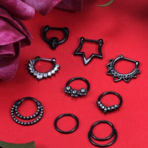 Vsnnsns 16G Septum Jewelry Septum Ring Piercing Jewelry Opal Septum Clicker Ring and Horseshoe Barbell Stainless Steel Ring Septum Nose Rings Hoop for Men Women Black 10mm 9pcs