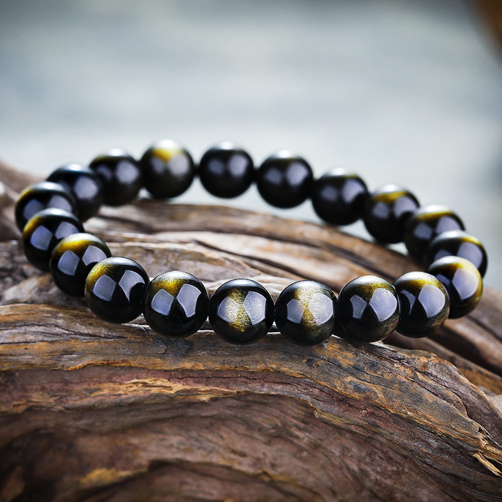 YANYUNZHUBAO Natural Black Obsidian Bracelet Healing Crystals Jewelry Volcanic Rock Stone Ward Off Evil Spirits (Gold, 10MM)