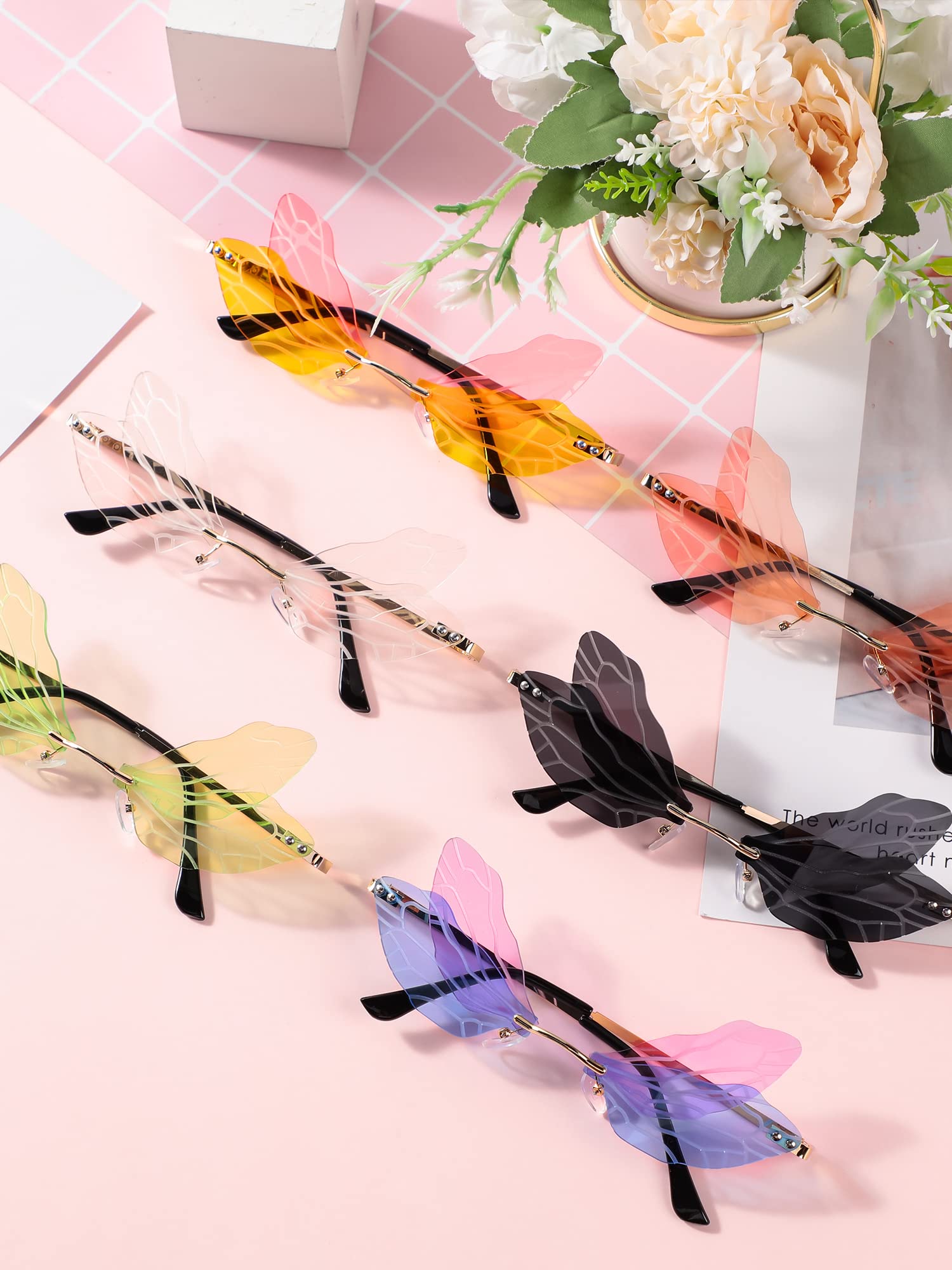 7 Pieces Dragonfly Sunglasses Fairy Glasses Butterfly Glasses Rimless Sunglasses for Women Men