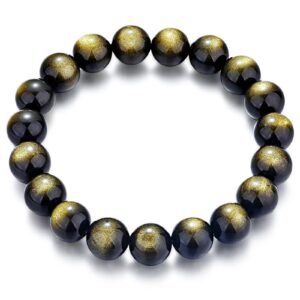 yanyunzhubao natural black obsidian bracelet healing crystals jewelry volcanic rock stone ward off evil spirits (gold, 10mm)