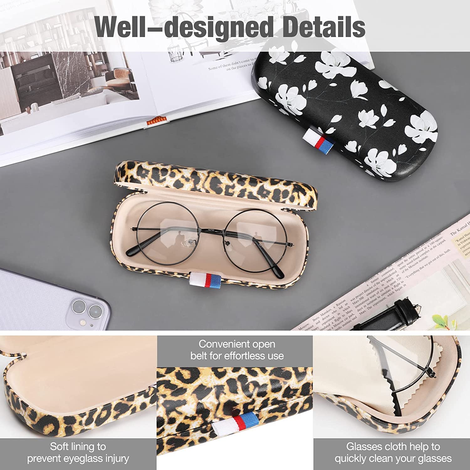 MoKo Eyeglass Case Hard Shell for Men Women, Unisex Portable Travel Sunglasses Cases PU Leather Glasses Storage Box Holder, Leopard