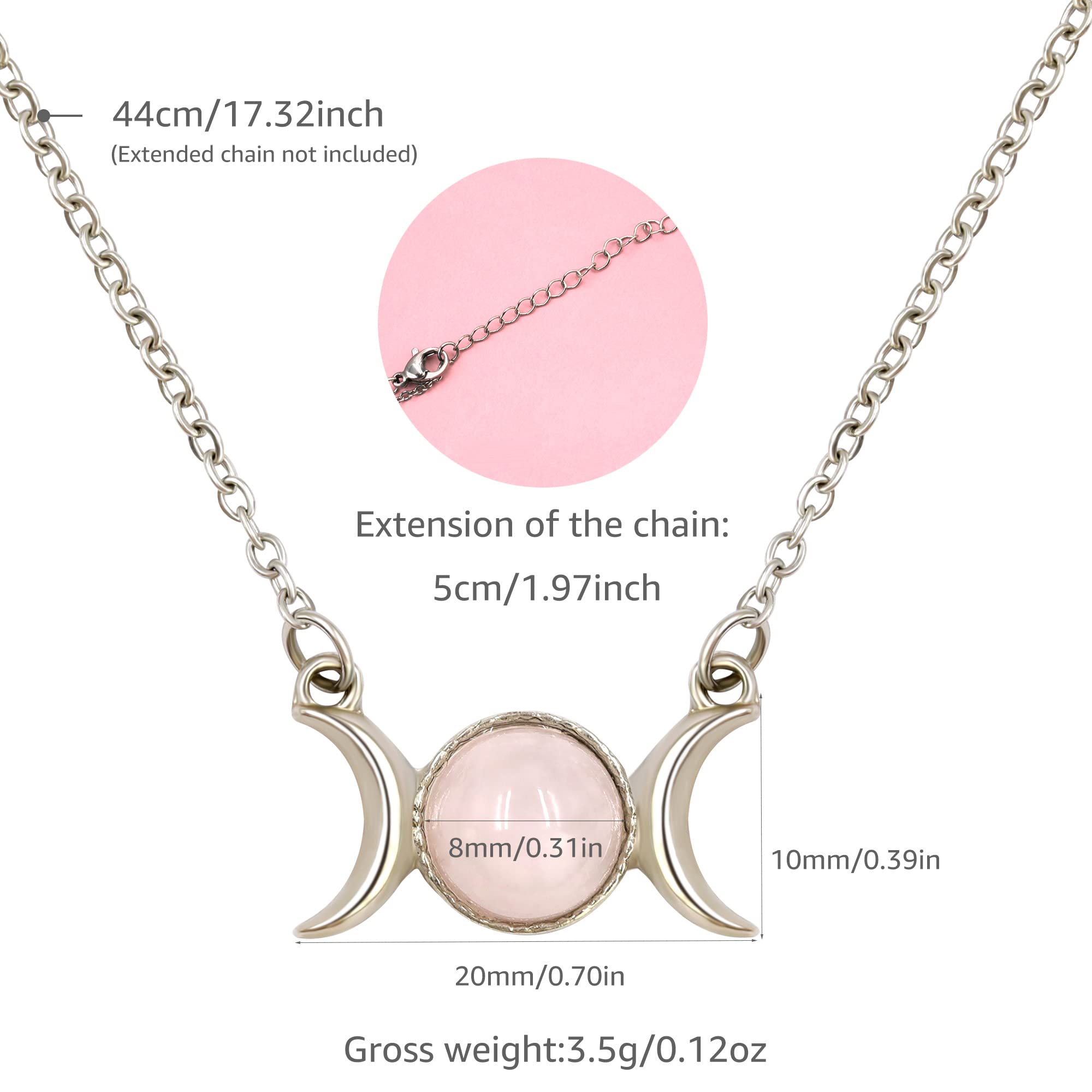 MISS RIGHT Rose Quartz Healing Crystal Triple Moon Goddess Phase Necklace for Women Men: Stainless Steel Crescent Moon Chakra Charm Necklace