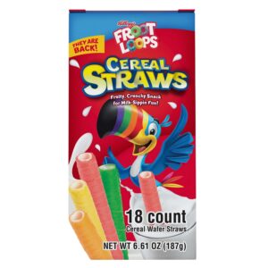 2024 Kellogg's Cereal Straws Froot Loops Edible Breakfast Straw Alternatives for Milk, 90's Childhood Nostalgic Treat for Drinking and Eating, Cereals for Kids, Pack of 2, 36 Straws