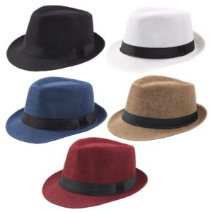 ultrafun 5 pack short brim fedora classic summer beach sun hat panama straw cap for men women (5pack-black+white+khaki+blue+wine red)