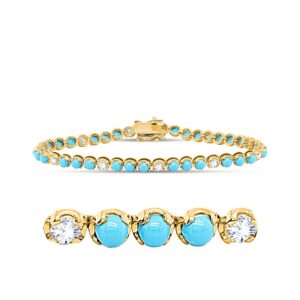 tennis bracelet for women - 3mm round turquoise and 1.23 ct natural diamond 7 inch tennis bracelet in 14k yellow gold over 925 sterling silver (clarity vvs1-i2/color sky blue-j)