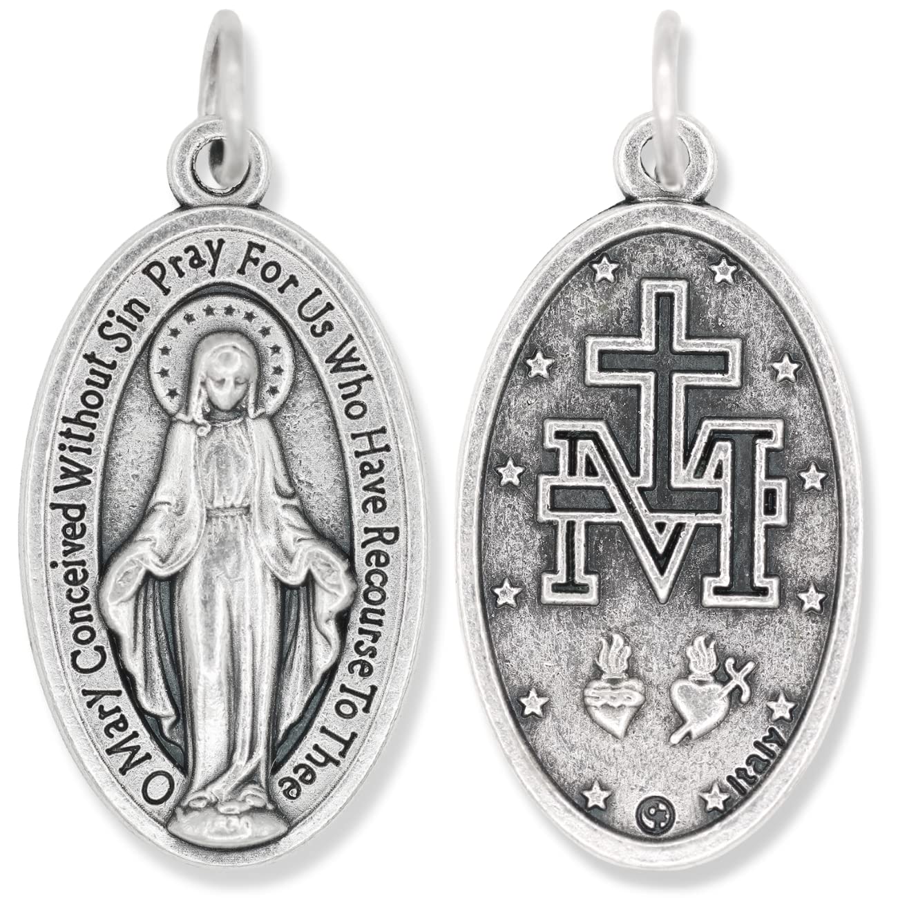 Bulk Pack of 3 - Miraculous Medal Pendant for Necklace -1 1/8" Oval Catholic Christian Silver Oxidized Finish Miraculous Medal Supplies Rosary Making, Made In Italy