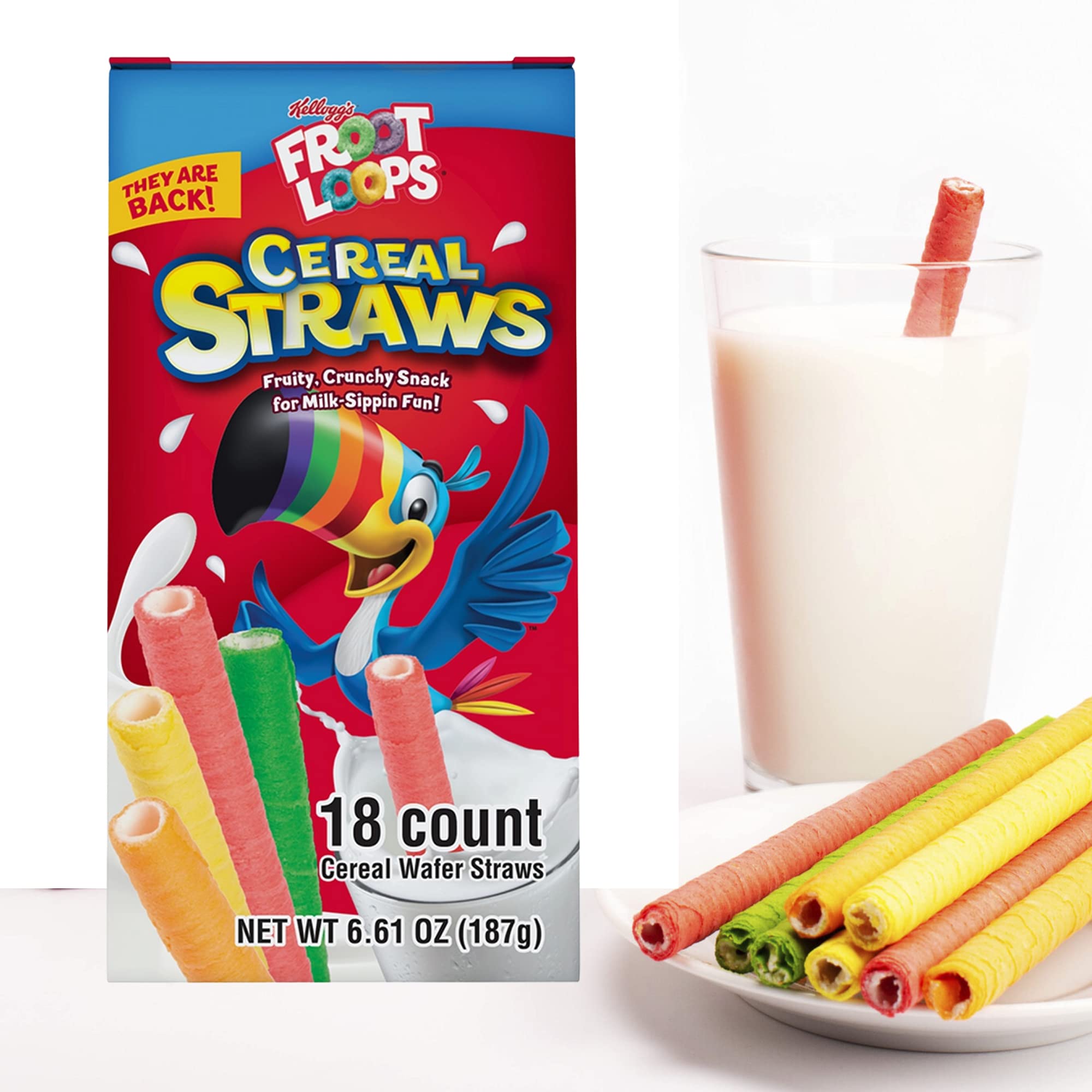 2024 Kellogg's Cereal Straws Froot Loops Edible Breakfast Straw Alternatives for Milk, 90's Childhood Nostalgic Treat for Drinking and Eating, Cereals for Kids, Pack of 2, 36 Straws