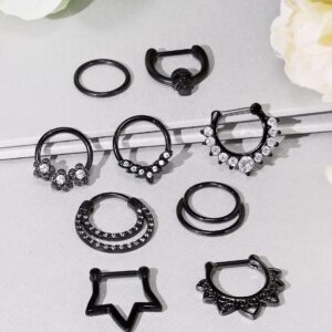 Vsnnsns 16G Septum Jewelry Septum Ring Piercing Jewelry Opal Septum Clicker Ring and Horseshoe Barbell Stainless Steel Ring Septum Nose Rings Hoop for Men Women Black 10mm 9pcs