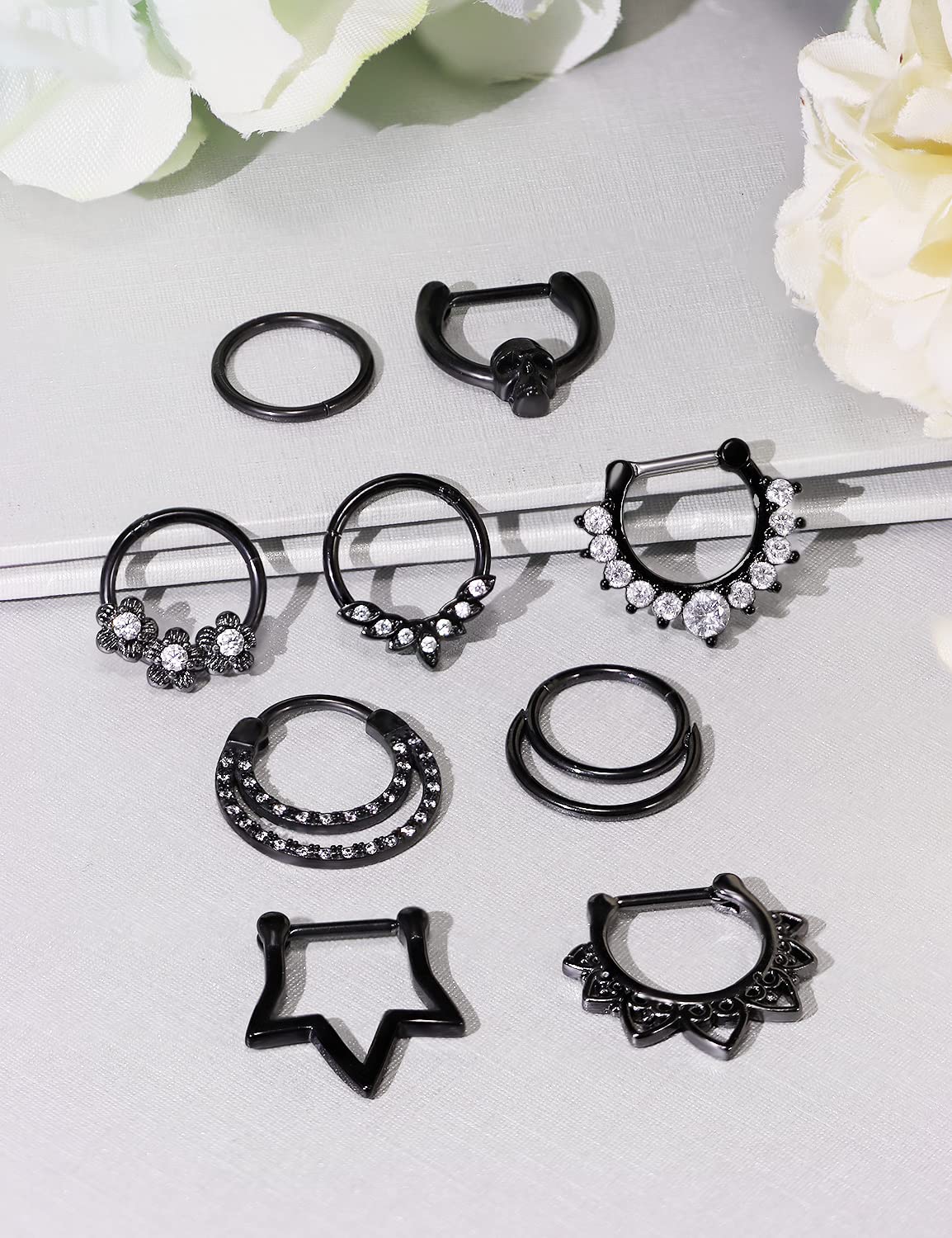 Vsnnsns 16G Septum Jewelry Septum Ring Piercing Jewelry Opal Septum Clicker Ring and Horseshoe Barbell Stainless Steel Ring Septum Nose Rings Hoop for Men Women Black 10mm 9pcs