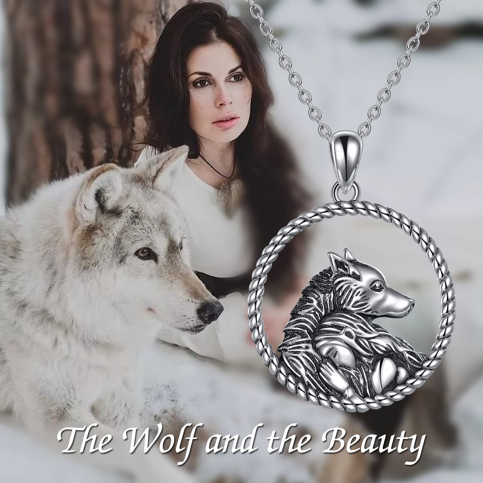 YAFEINI Wolf Necklace Girl Hugging Wolf Pendant 925 Sterling Silver Wolf Jewelry for Women Wife