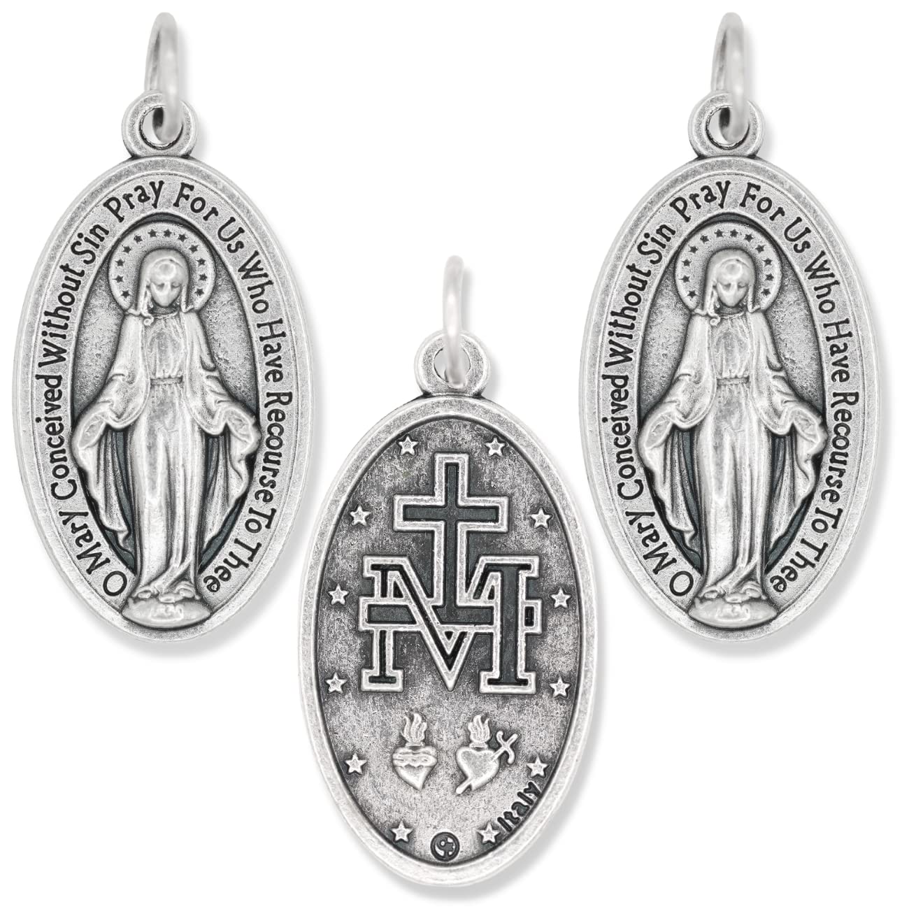 Bulk Pack of 3 - Miraculous Medal Pendant for Necklace -1 1/8" Oval Catholic Christian Silver Oxidized Finish Miraculous Medal Supplies Rosary Making, Made In Italy