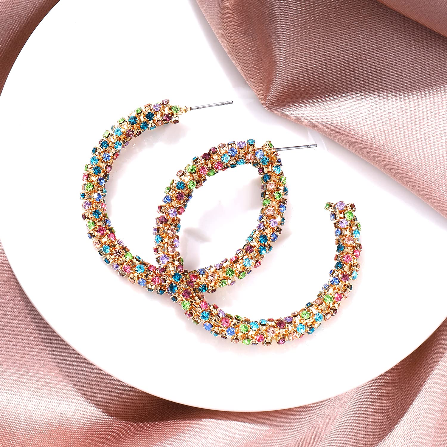 Fashion Rhinestone Hoop Earring Women's Gold Plated Crystal Hoop Earring Bohemian Colorful Rainbow Crystal Wrapped Hoop Dangle Earrings for Women Valentine's Day Gifts