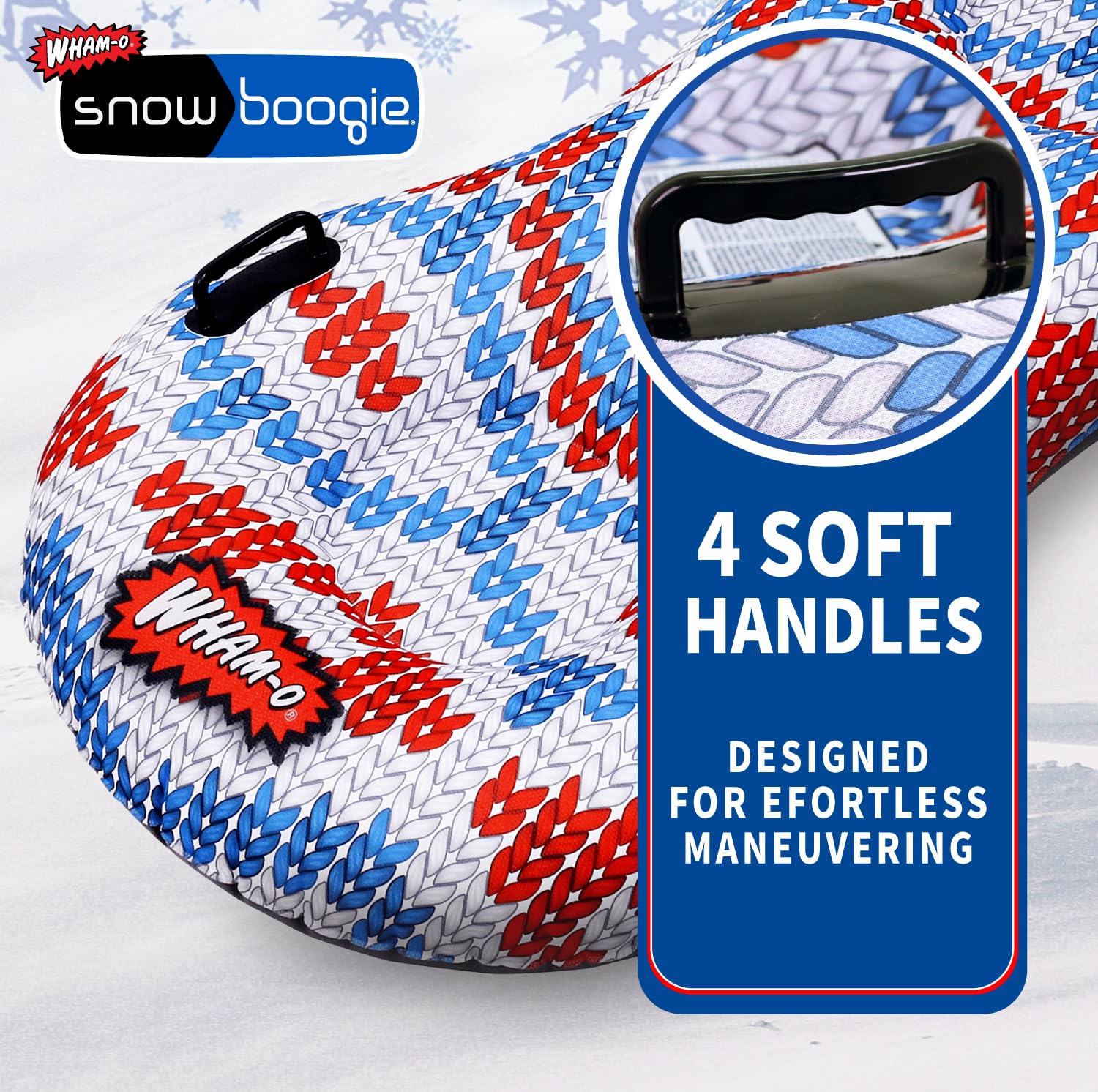 Snowboogie Super Double SnowTube 64" | Double Rider Snow Sleds | Inflatable Sled with Soft Handles | Slick Bottom for Speed & Control | Snow Sledding for Adults & Children | Nordic knit pattern design