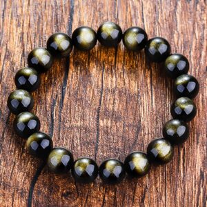 YANYUNZHUBAO Natural Black Obsidian Bracelet Healing Crystals Jewelry Volcanic Rock Stone Ward Off Evil Spirits (Gold, 10MM)