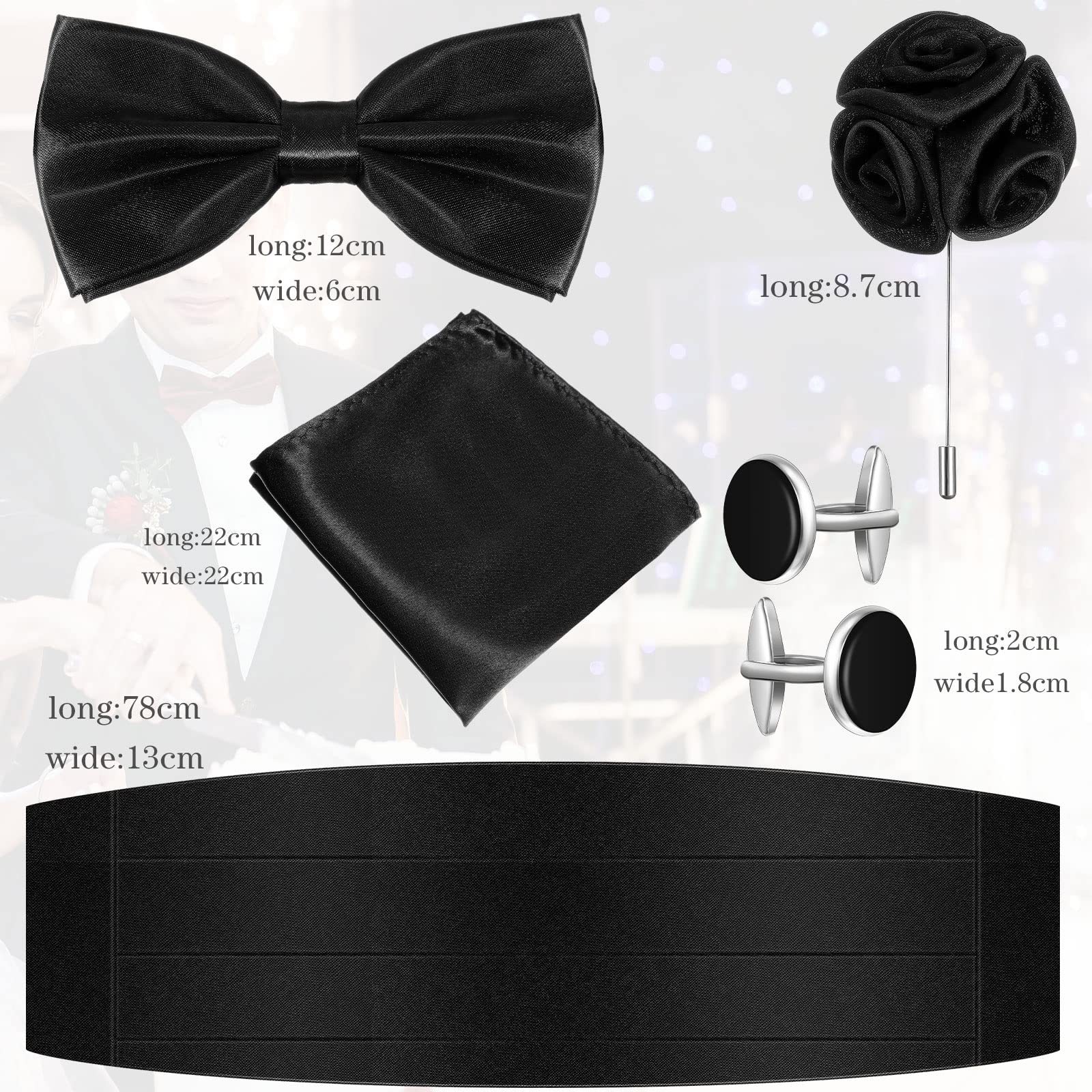 Geyoga 5 Pcs Mens Cummerbund Bow Tie Set Halloween Accessories for Men Party Wedding, Cummerbund Bow Tie Pocket Square Cuff Links(Black)