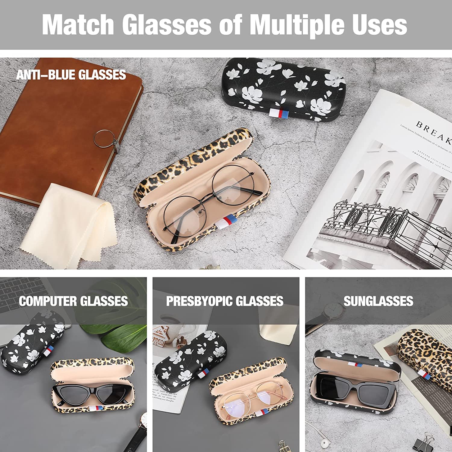 MoKo Eyeglass Case Hard Shell for Men Women, Unisex Portable Travel Sunglasses Cases PU Leather Glasses Storage Box Holder, Leopard