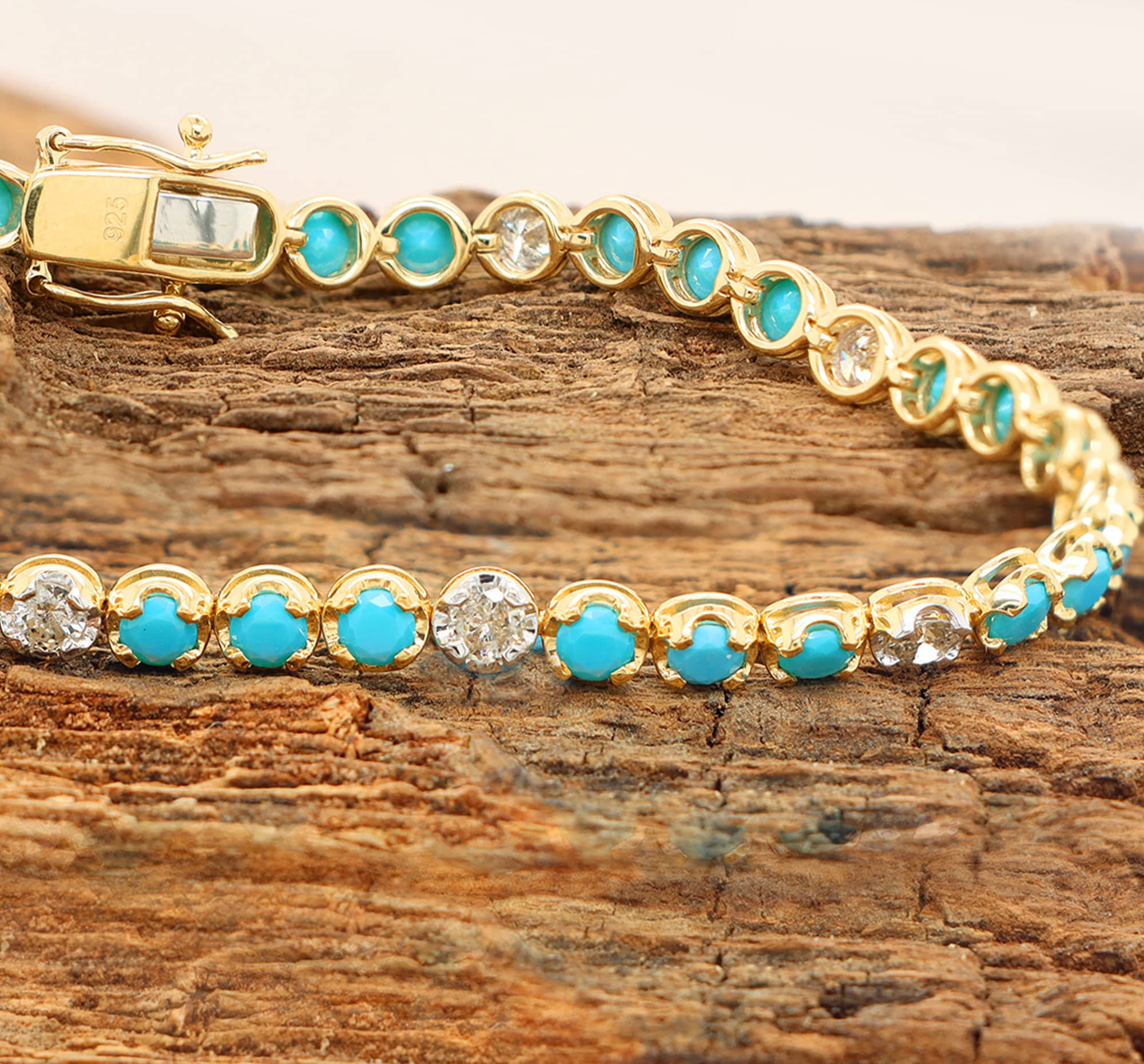 Tennis Bracelet For Women - 3MM Round Turquoise And 1.23 Ct Natural Diamond 7 Inch Tennis Bracelet In 14K Yellow Gold Over 925 Sterling Silver (Clarity VVS1-I2/Color sky blue-J)