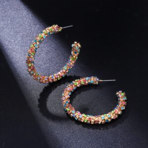 Fashion Rhinestone Hoop Earring Women's Gold Plated Crystal Hoop Earring Bohemian Colorful Rainbow Crystal Wrapped Hoop Dangle Earrings for Women Valentine's Day Gifts