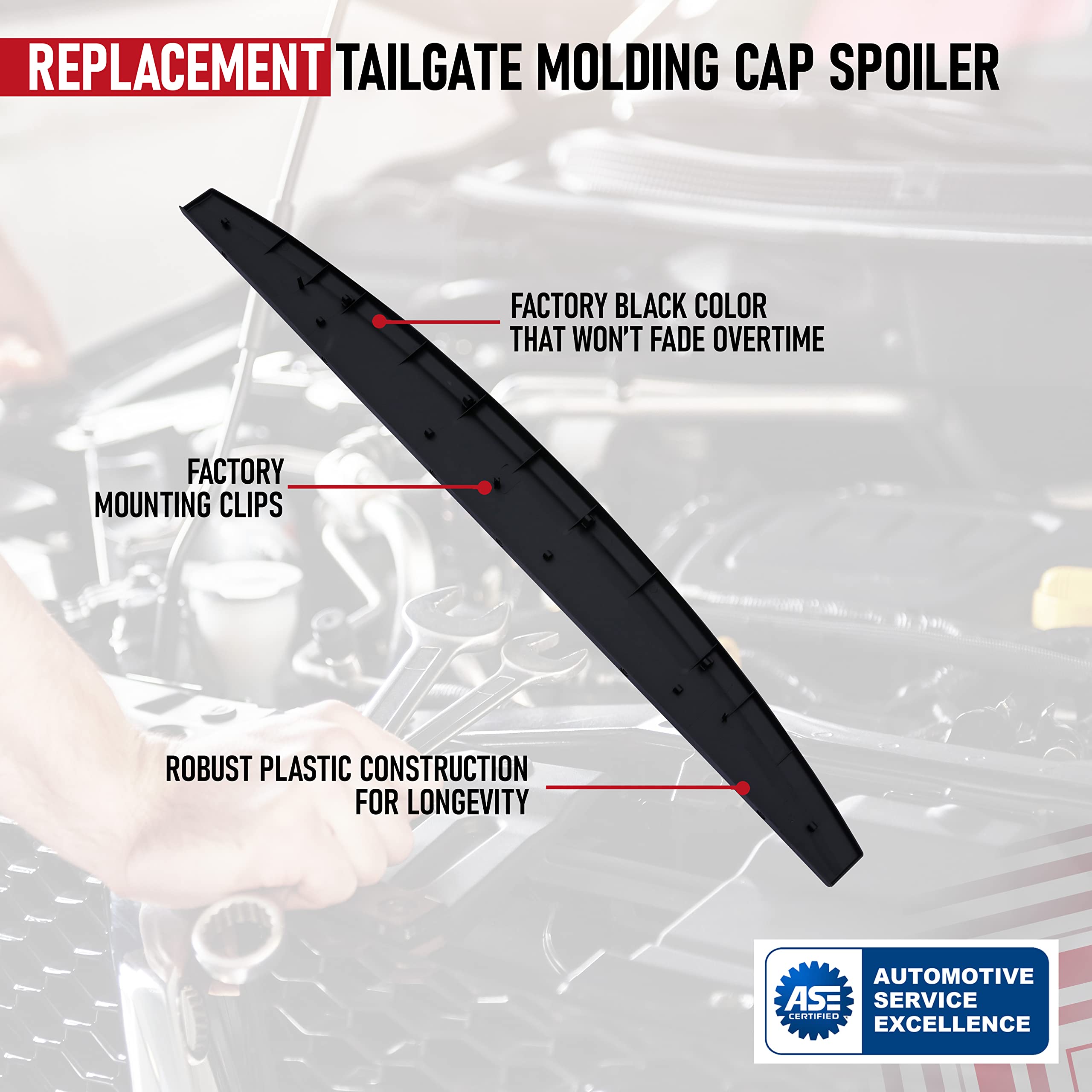 Replacement Tailgate Molding Cap Spoiler - Compatible with Dodge Ram 1500, 2500, 3500 - Replaces 55372052AH, 68067440AA, 55372052AG, 926-578, 6502632, 55372052AF - Tail Gate Protector Trim