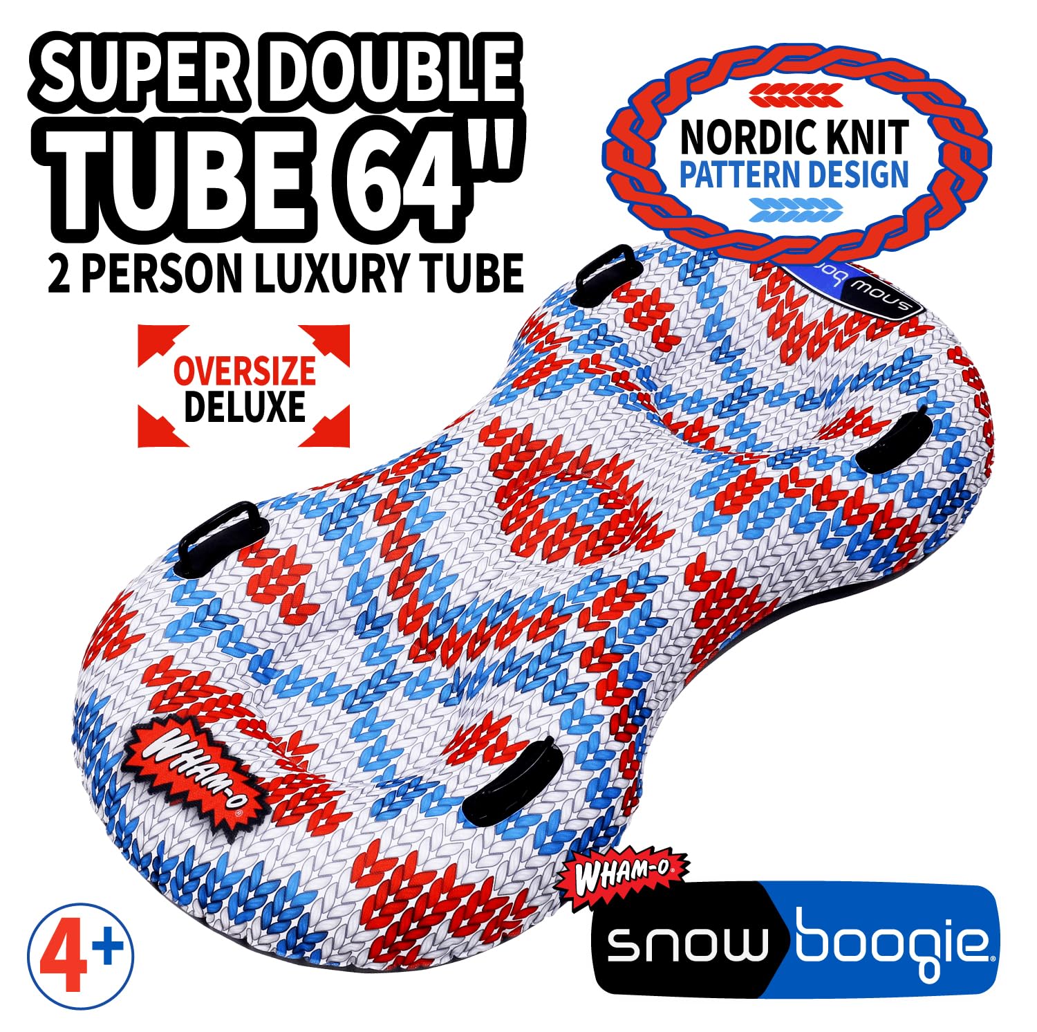 Snowboogie Super Double SnowTube 64" | Double Rider Snow Sleds | Inflatable Sled with Soft Handles | Slick Bottom for Speed & Control | Snow Sledding for Adults & Children | Nordic knit pattern design