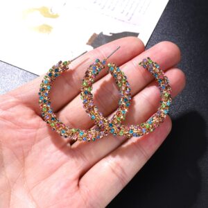 Fashion Rhinestone Hoop Earring Women's Gold Plated Crystal Hoop Earring Bohemian Colorful Rainbow Crystal Wrapped Hoop Dangle Earrings for Women Valentine's Day Gifts