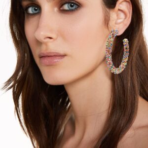 Fashion Rhinestone Hoop Earring Women's Gold Plated Crystal Hoop Earring Bohemian Colorful Rainbow Crystal Wrapped Hoop Dangle Earrings for Women Valentine's Day Gifts