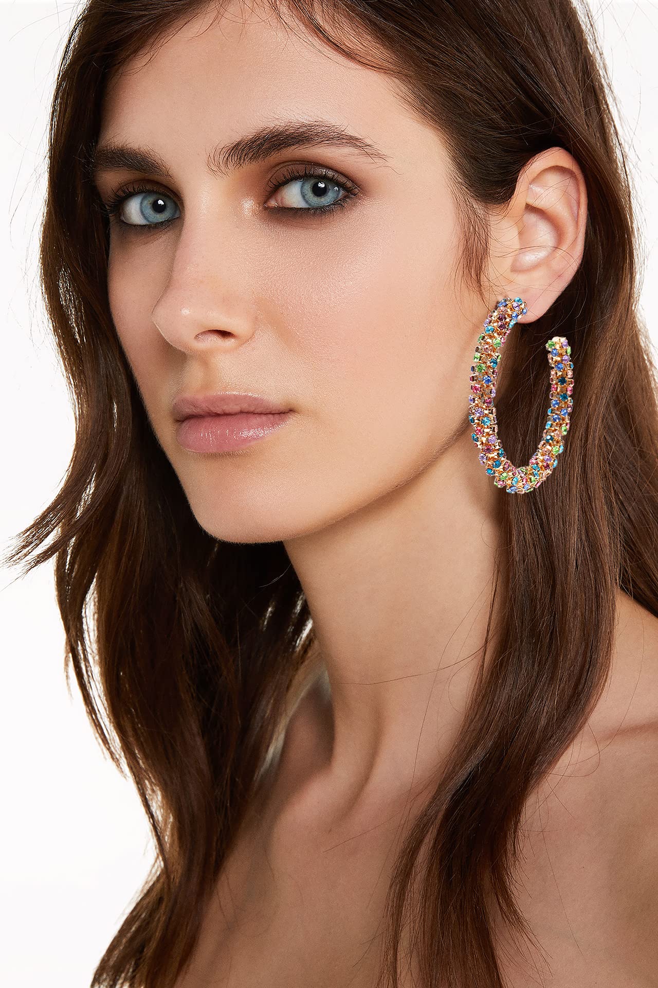 Fashion Rhinestone Hoop Earring Women's Gold Plated Crystal Hoop Earring Bohemian Colorful Rainbow Crystal Wrapped Hoop Dangle Earrings for Women Valentine's Day Gifts