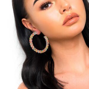 Fashion Rhinestone Hoop Earring Women's Gold Plated Crystal Hoop Earring Bohemian Colorful Rainbow Crystal Wrapped Hoop Dangle Earrings for Women Valentine's Day Gifts