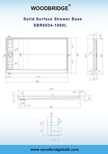 WOODBRIDGE SBR6034-1000L-BN Shower Base, 60"x 34", White with Brushed Nickel Cover