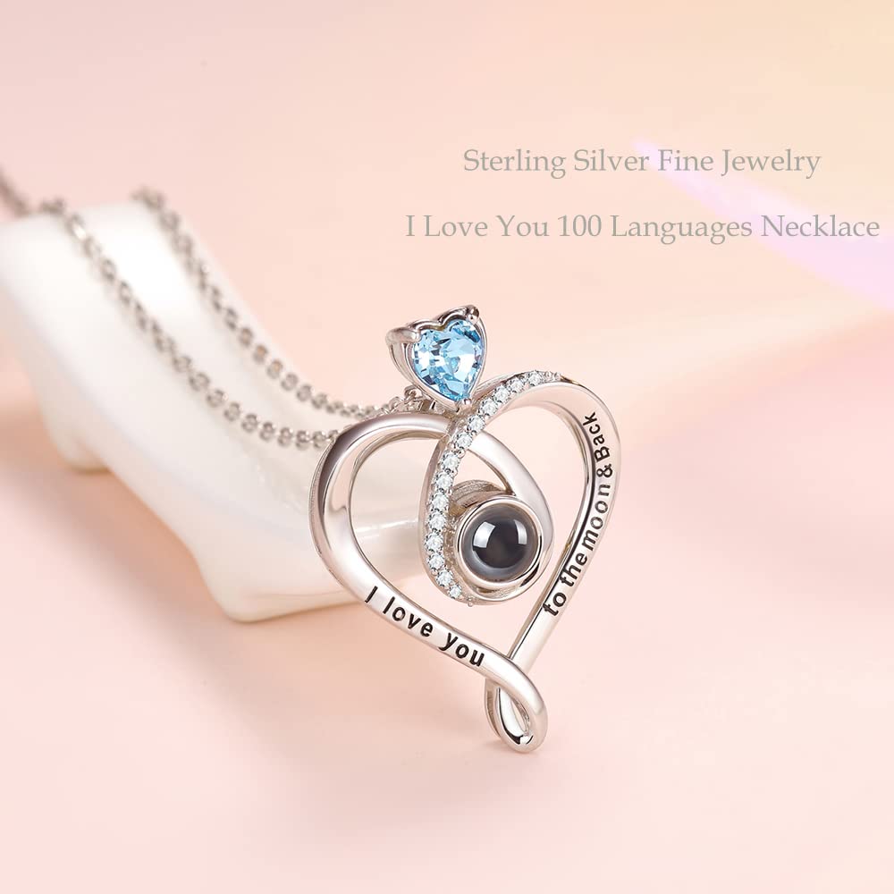 Birthday Gifts for Wife Blue Topaz Jewelry I Love You Necklace 100 Languages to the Moon and Back Sterling Silver Women