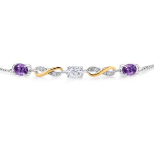 Gem Stone King 925 Silver and 10K Yellow Gold Adjustable Infinity Lab Grown Diamond Bracelet For Women Mother's Mom Her Set with Oval Amethyst and Moissanite (1.43 Cttw)