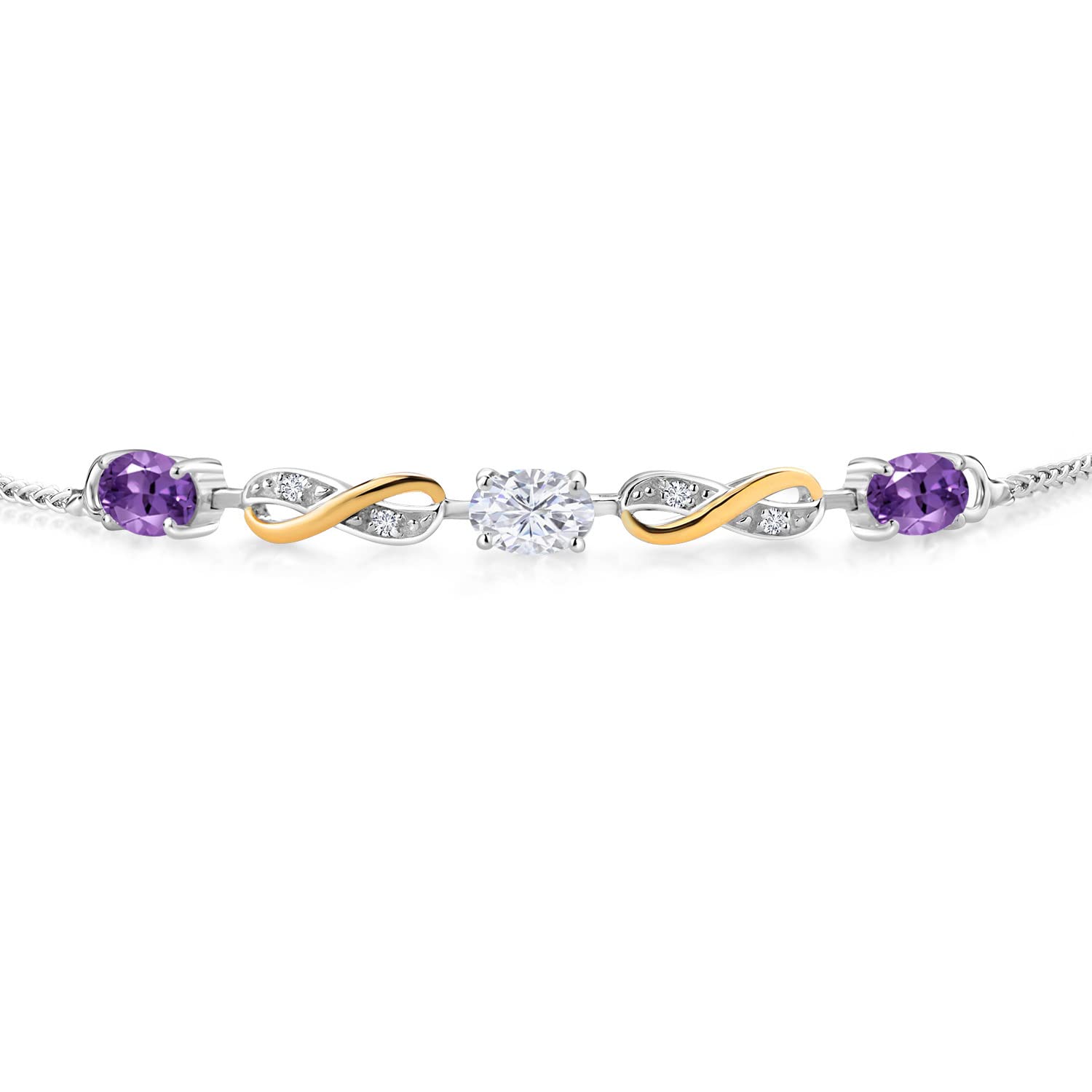 Gem Stone King 925 Silver and 10K Yellow Gold Adjustable Infinity Lab Grown Diamond Bracelet For Women Mother's Mom Her Set with Oval Amethyst and Moissanite (1.43 Cttw)