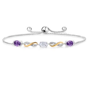 gem stone king 925 silver and 10k yellow gold adjustable infinity lab grown diamond bracelet for women mother's mom her set with oval amethyst and moissanite (1.43 cttw)