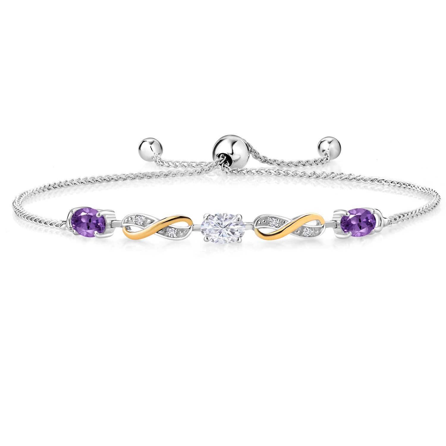 Gem Stone King 925 Silver and 10K Yellow Gold Adjustable Infinity Lab Grown Diamond Bracelet For Women Mother's Mom Her Set with Oval Amethyst and Moissanite (1.43 Cttw)